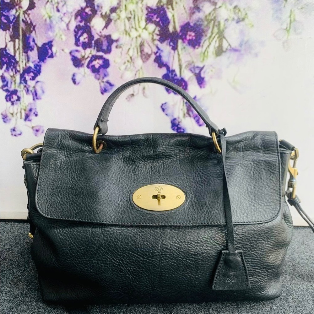 Pre Owned Mulberry Postman Lock Black Leather Satchel - Gem